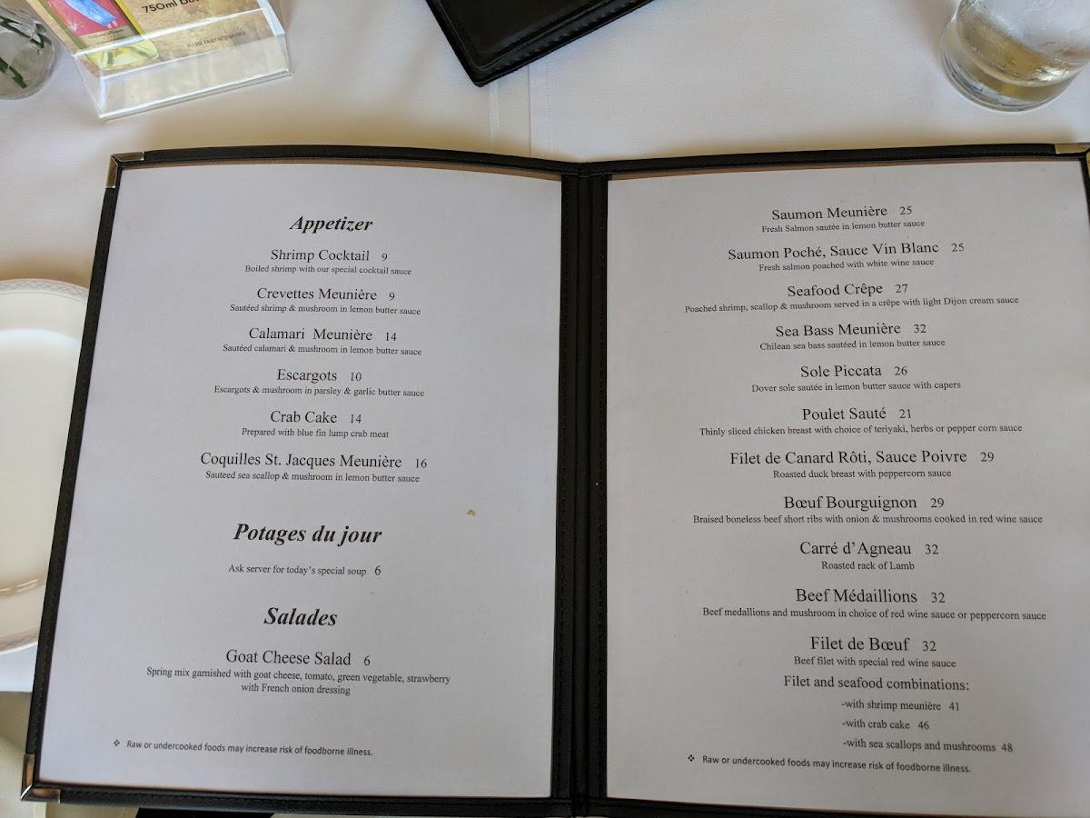 Menu at Chez Yasu restaurant, Topeka