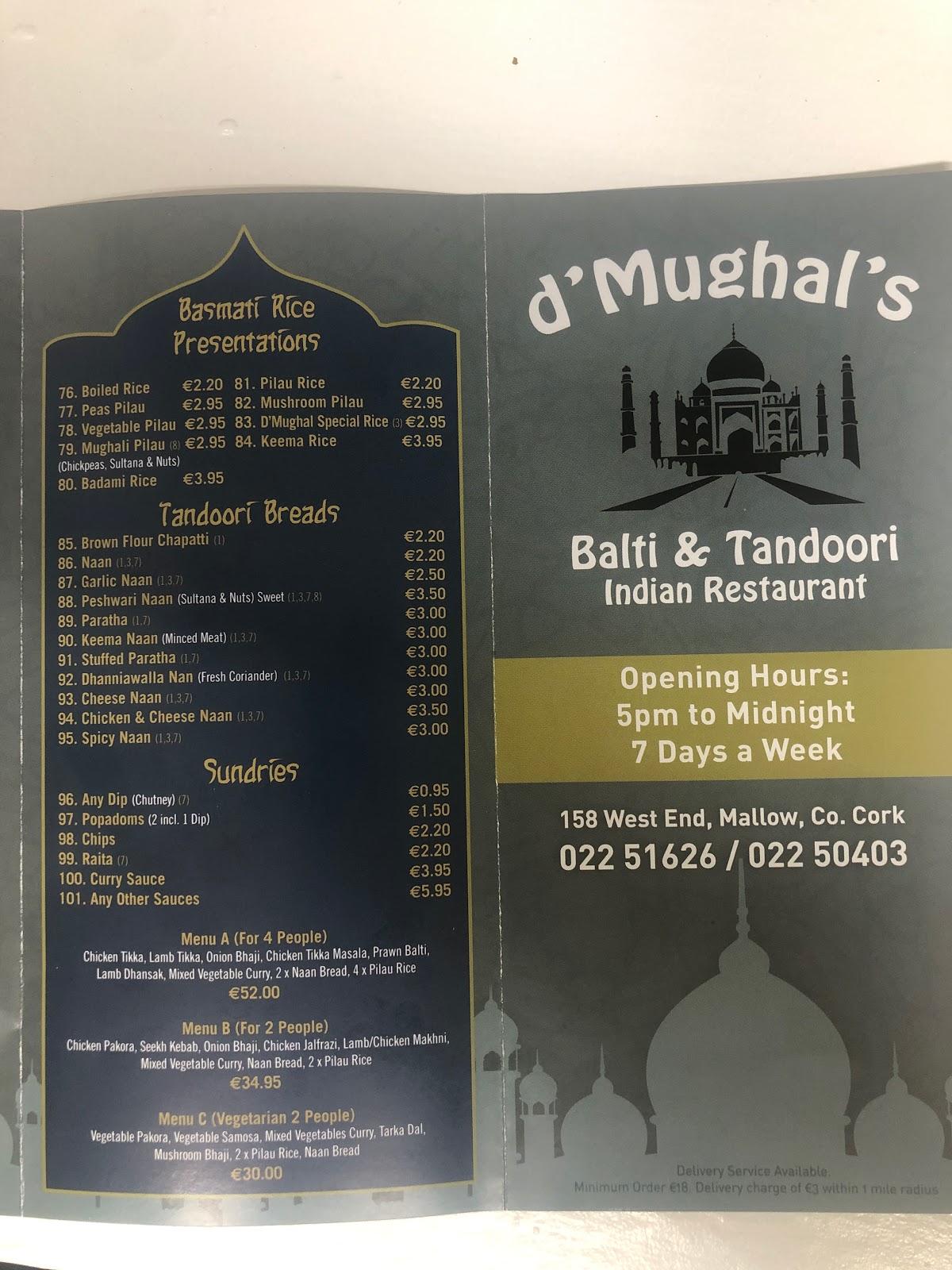 Menu at D’Mughals restaurant, Mallow