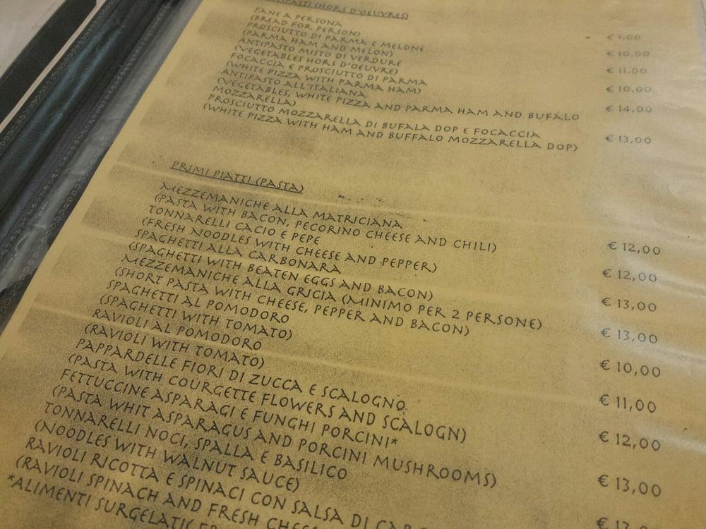 Menu at Da Carlone restaurant, Rome