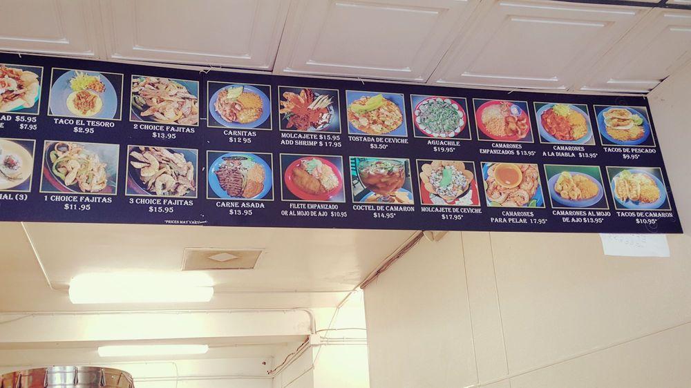 Menu at El Tesoro Mazatlan restaurant, Vallejo