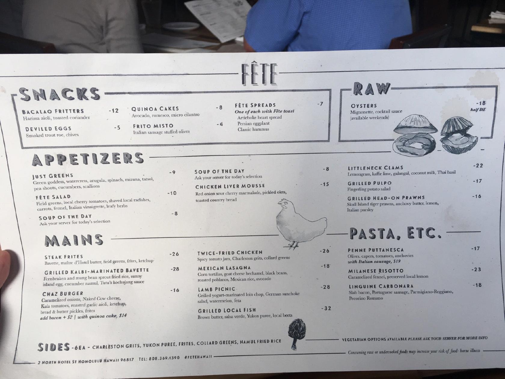 Menu at Fête pub & bar, Honolulu