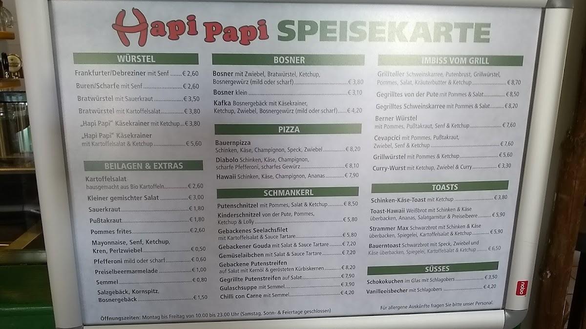 Speisekarte von Hapi Papi - Würstelstand - Herbert Mugrauer GmbH pub ...