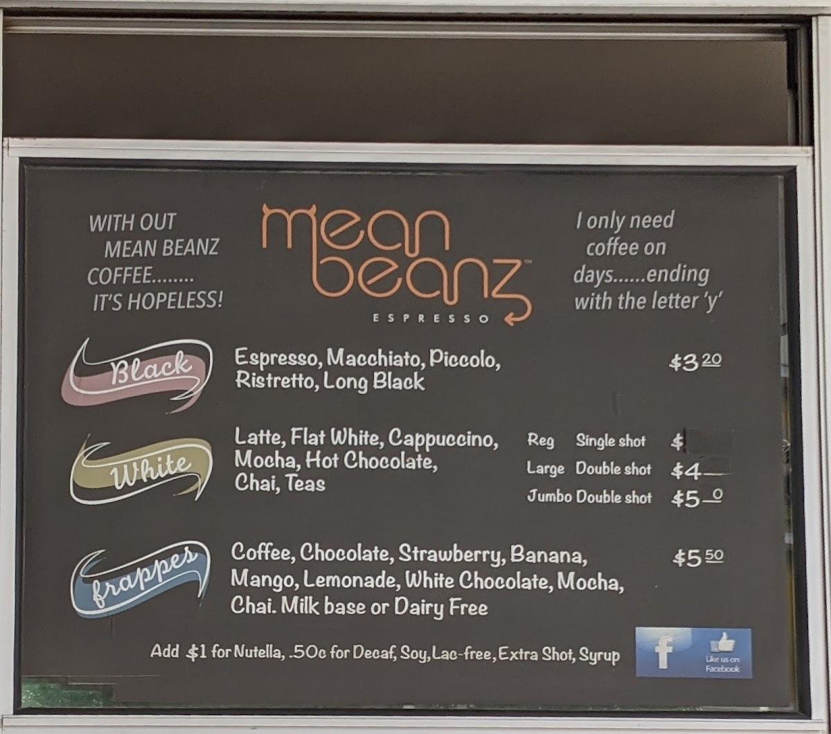 Carta del café Mean Beanz Espresso, Kelvin Grove