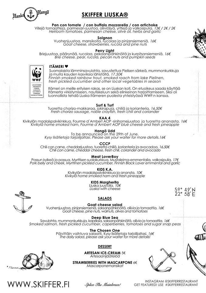 Menu at Ravintola Skiffer Hanko restaurant, Hanko