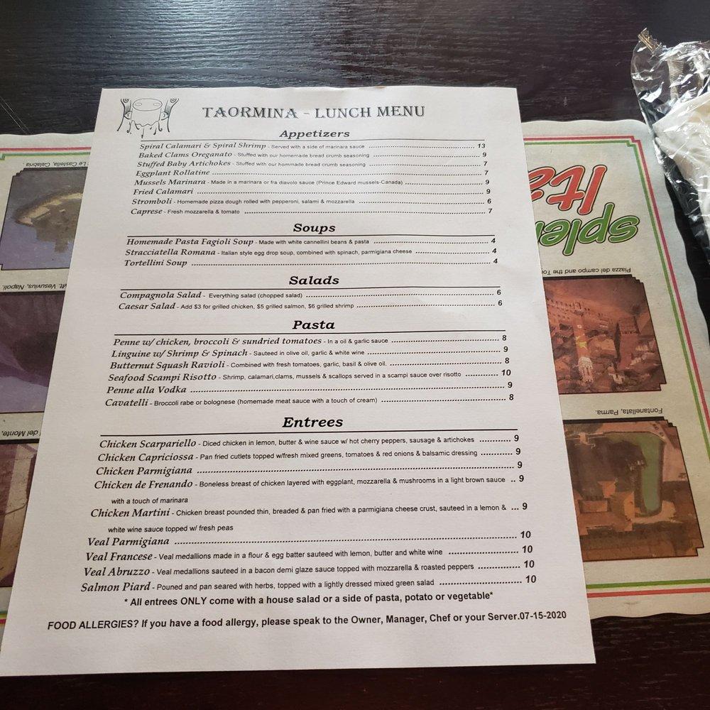 Menu at Taormina Trattoria restaurant, Peekskill