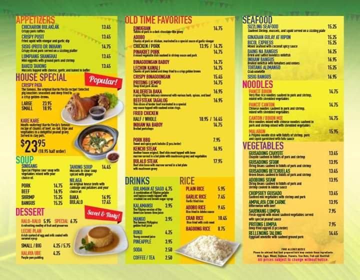 Menu at The Original Barrio Fiesta Of Manila, Anaheim