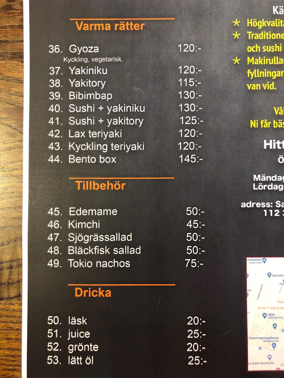 Menu at Yutaka Sushi & poke bowl restaurant, Stockholm