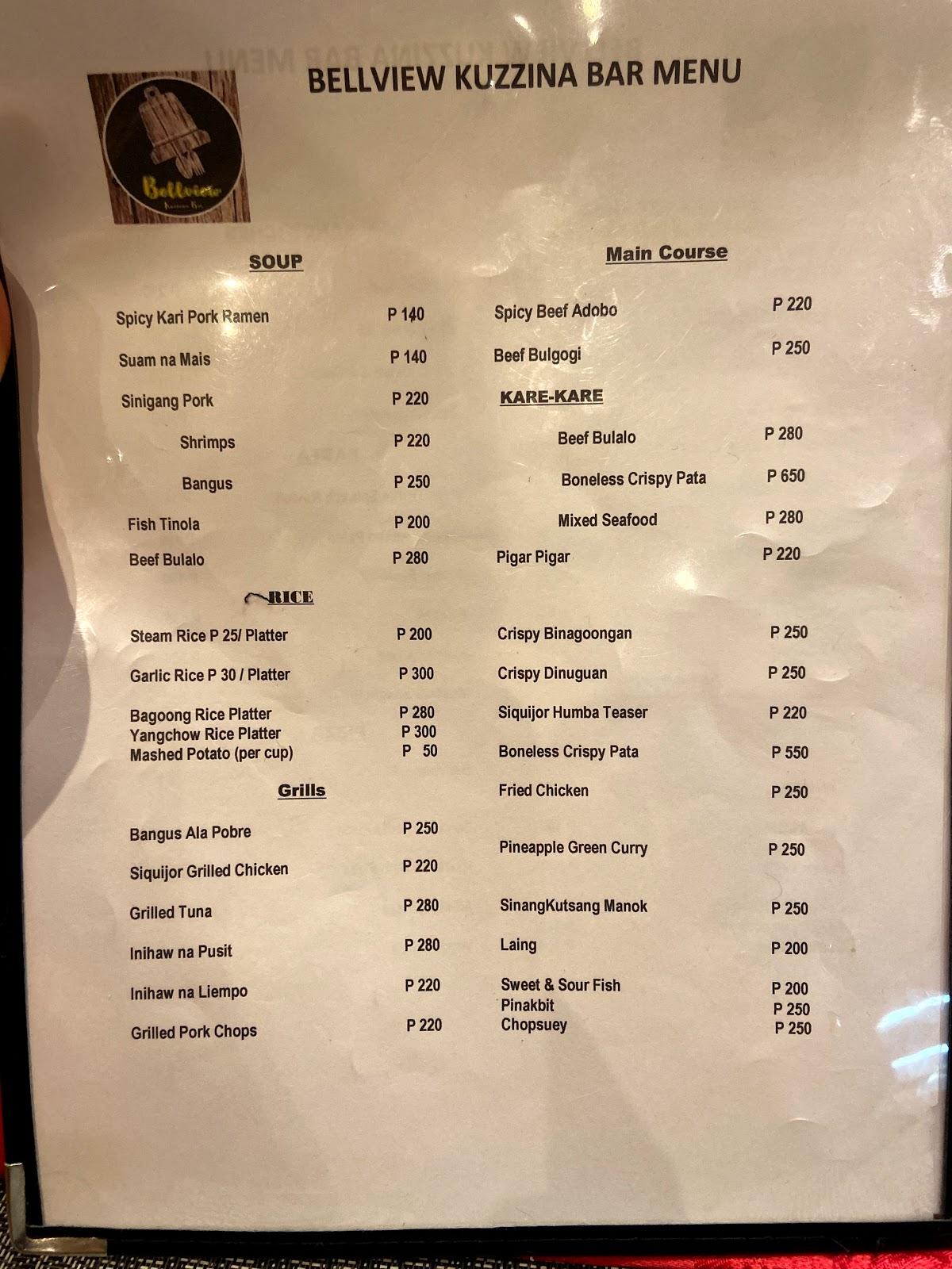 Menu at Bellview Kuzzina Bar, Siquijor