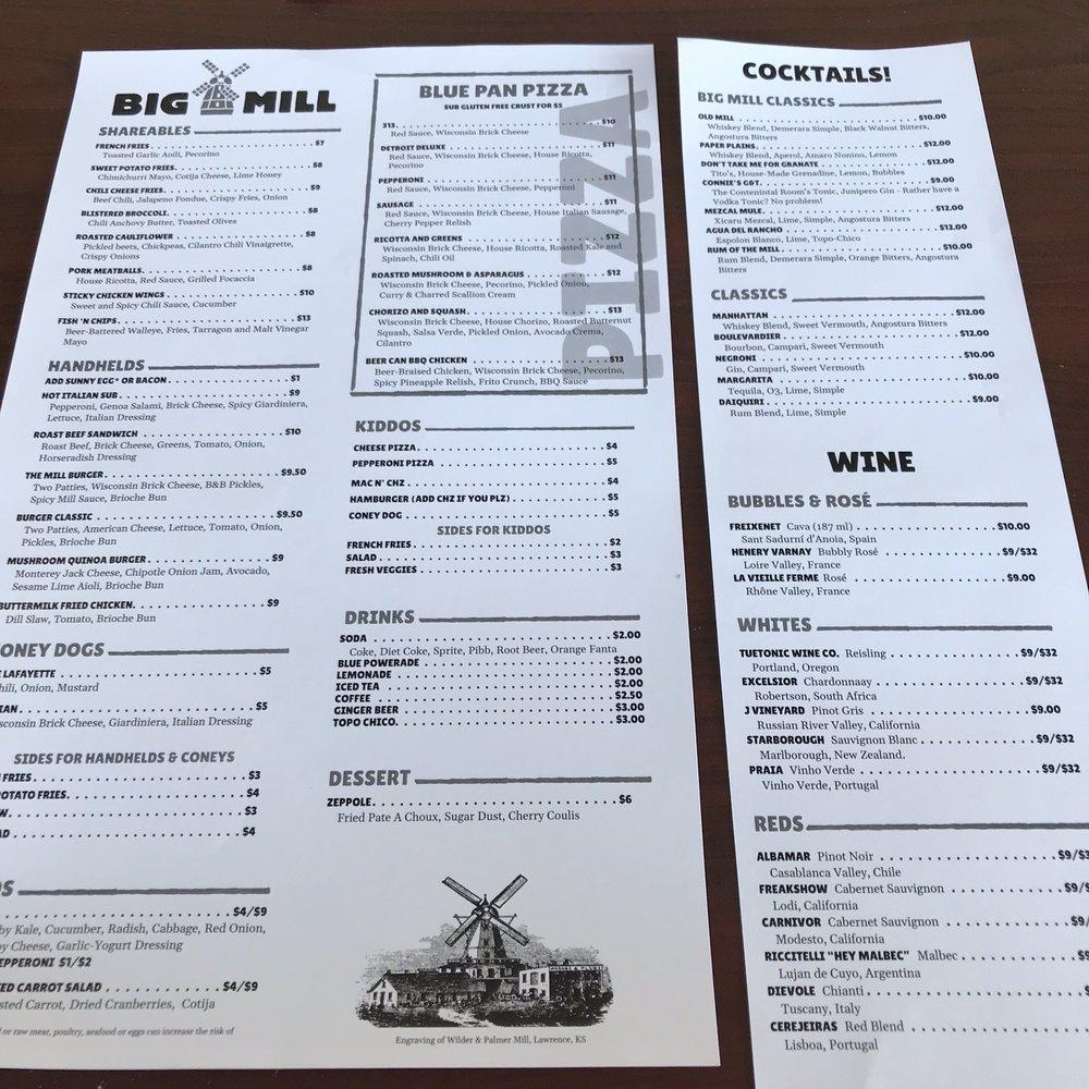Menu at Big Mill pub & bar, Lawrence