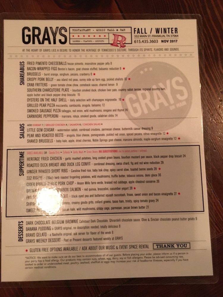 Menu at GRAYS on Main pub & bar, Franklin, 332 Main St