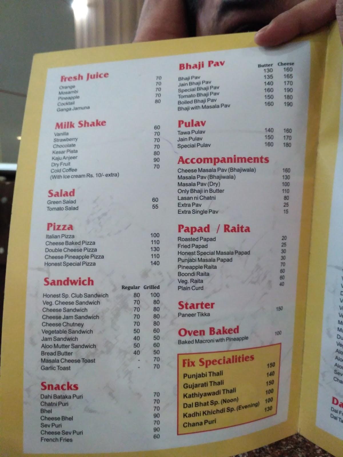 Menu at Honest Restaurant (Dhrangadhra), India, Dhangadhra Malvan