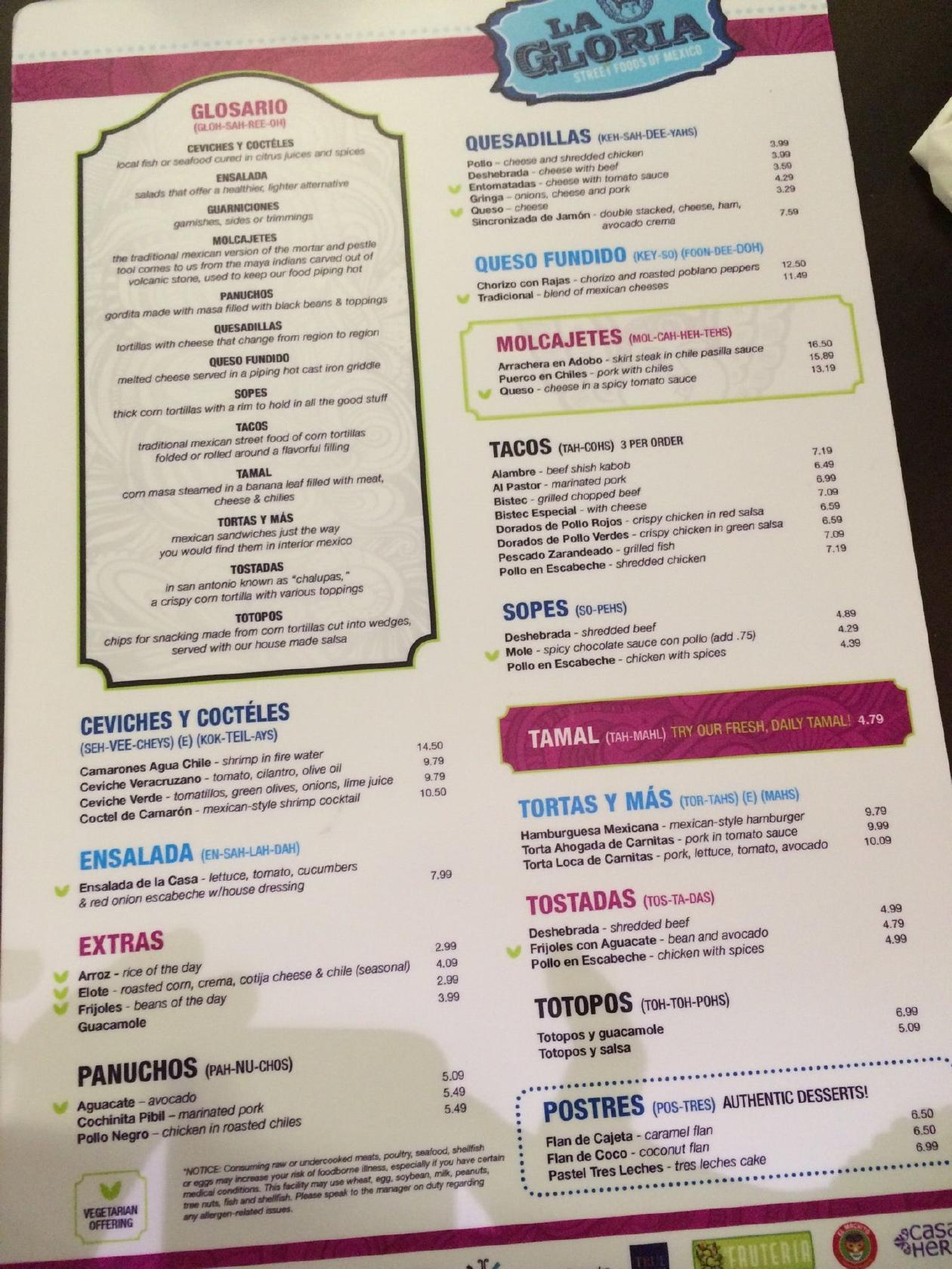 Menu at La Gloria restaurant, San Antonio, Airport Blvd