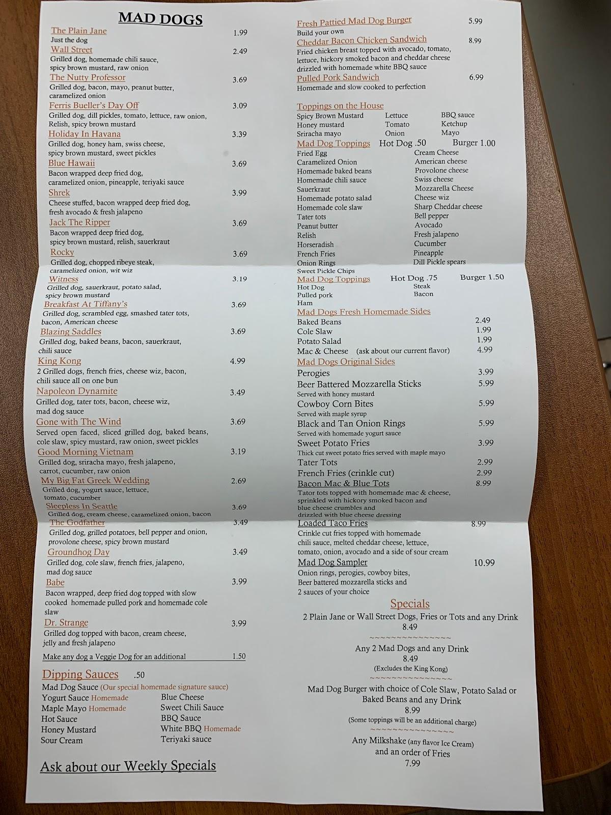 Menu at Mad Dogs Hot Dogs & Sugar Shack restaurant, Macungie