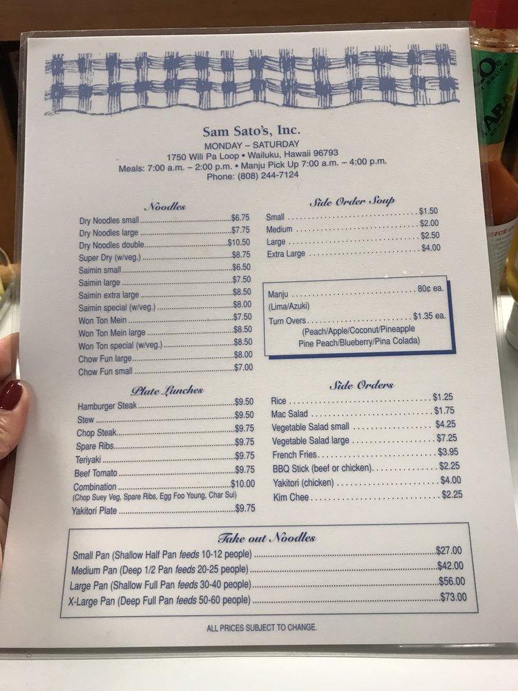 Menu at Sam Sato's Inc restaurant, Wailuku