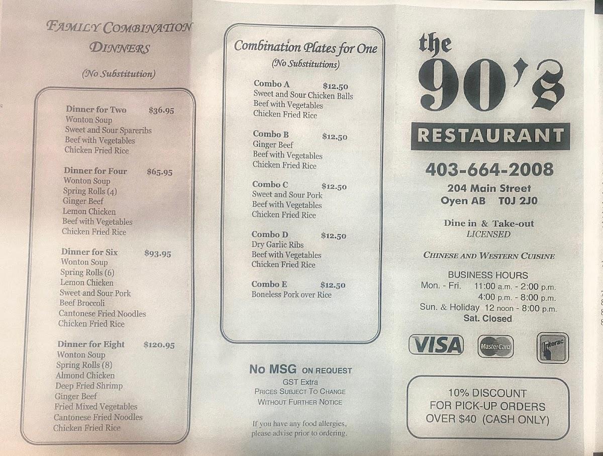 Carta de The 90's Restaurant, Oyen