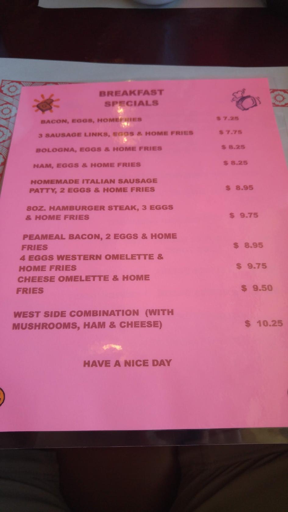 Menu at Westside Cafe, Sault Ste. Marie