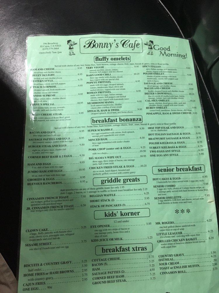 Menu at Bonny's Cafe, El Cajon