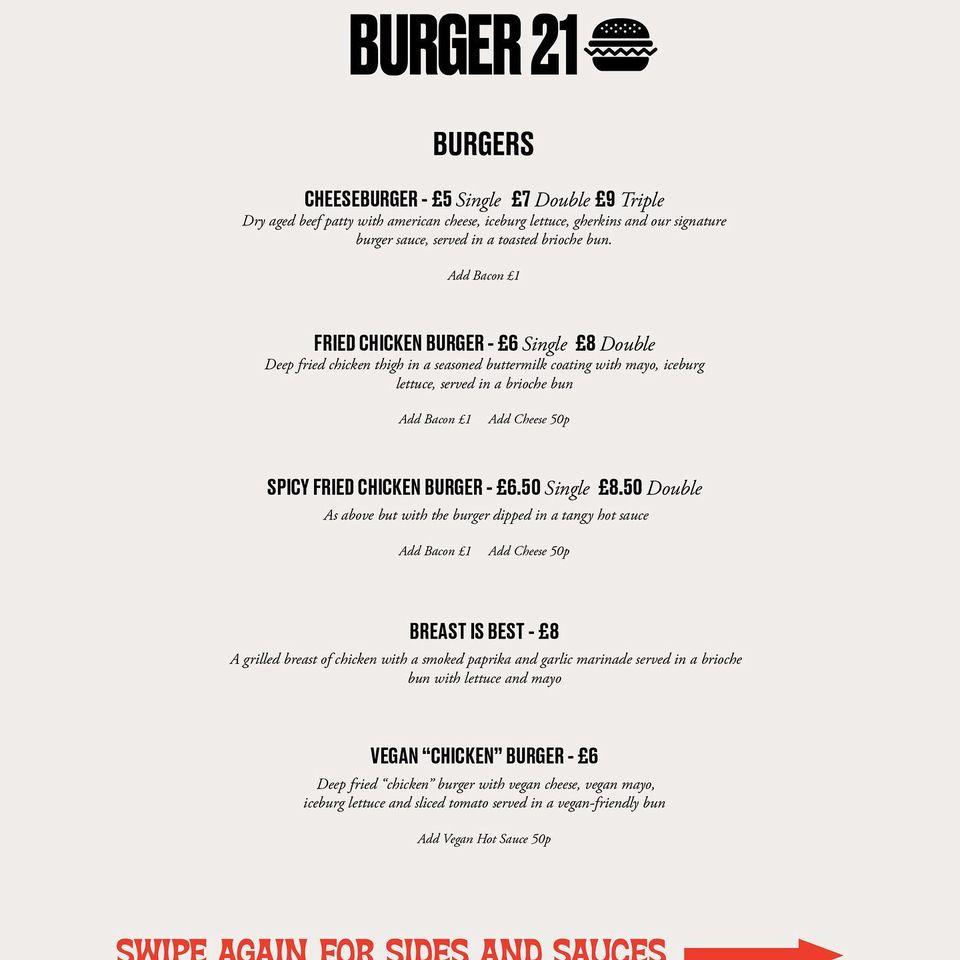 Menu at Cafe 21, Maesteg
