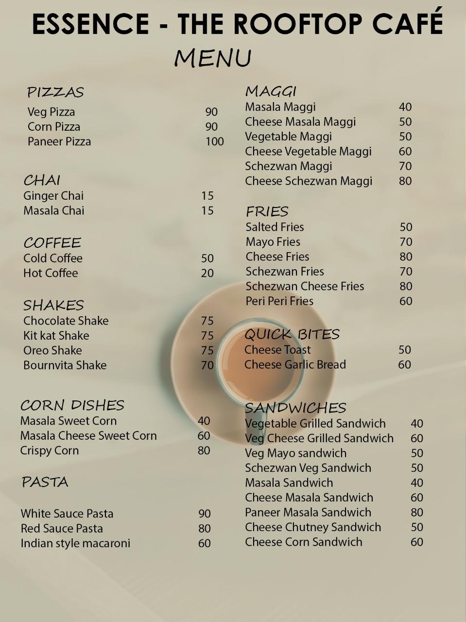 Menu at Essence The Rooftop Cafe, Indore, 64/2 Ganga devi nagar