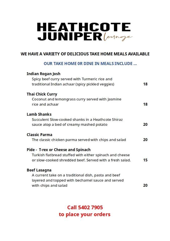 Menu at Heathcote Juniper Lounge restaurant, Heathcote