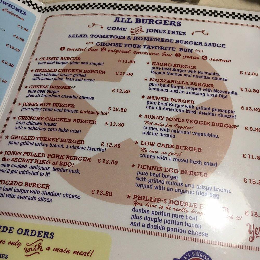 Menu at Jones Original American Diner restaurant, Munich