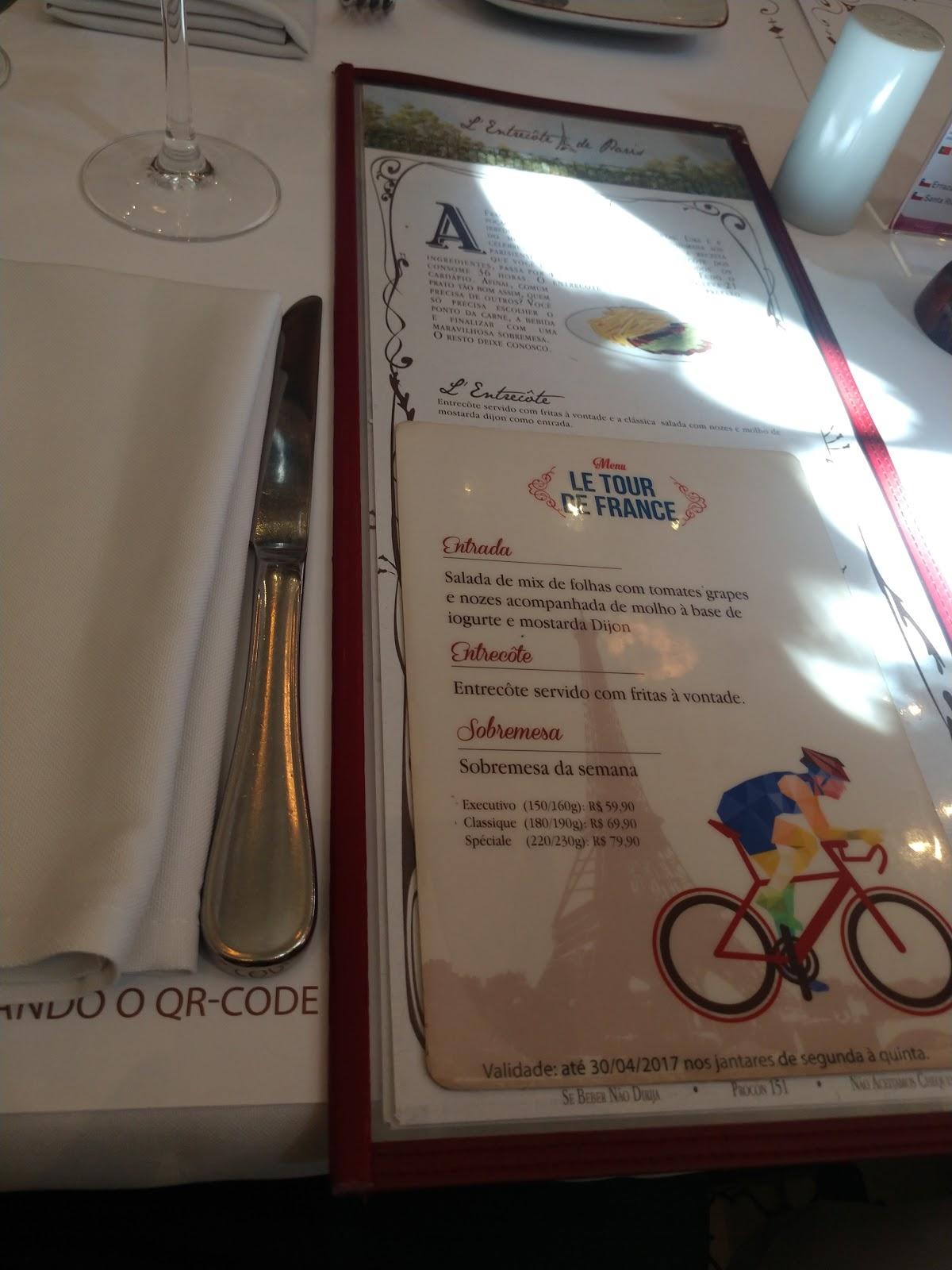Menu at L'Entrecôte de Paris restaurant, Brasília