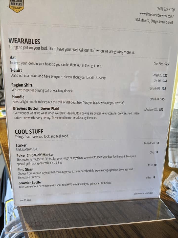 Menu at Limestone Brewers restaurant, Osage