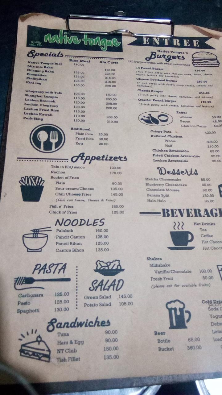 Menu at Native Tongue restaurant, La Trinidad