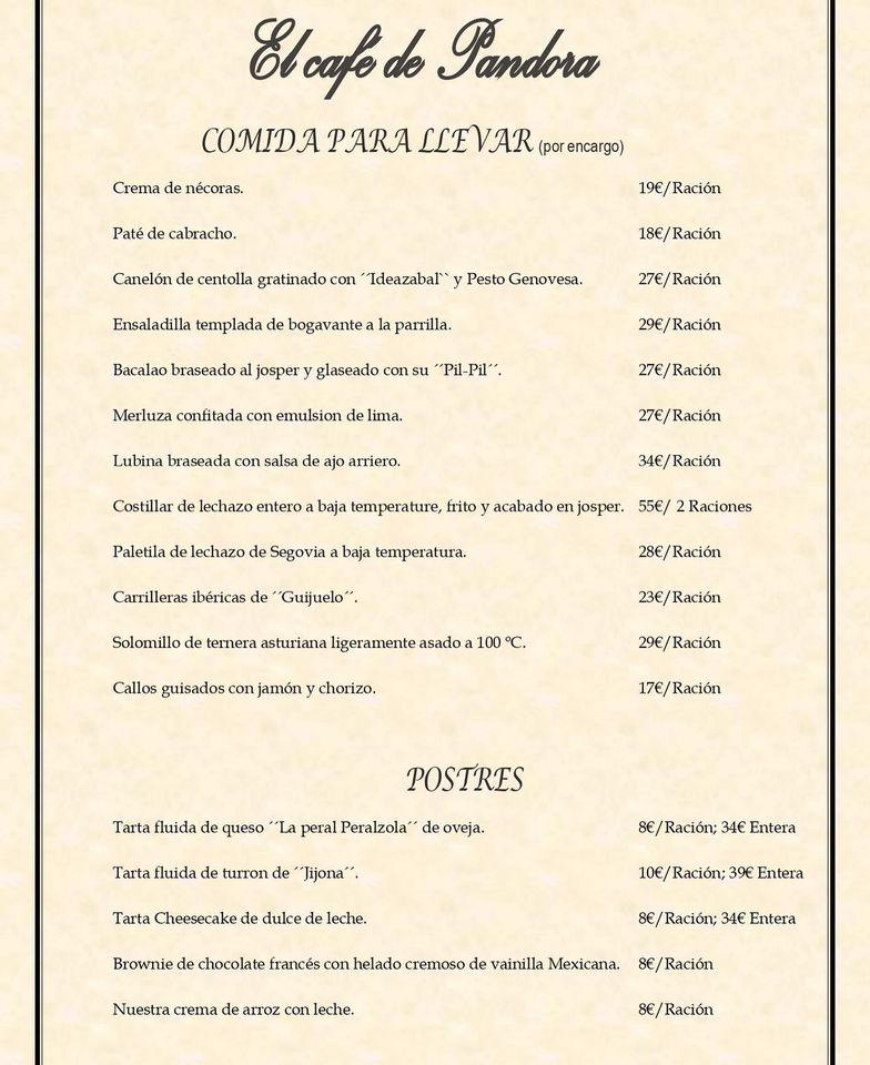 Carta del restaurante El Pandora, Aviles