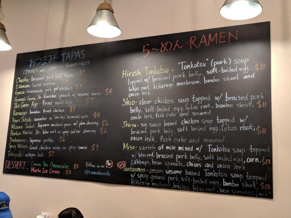 Menu at Ramen Hiroshi restaurant, Walnut Creek