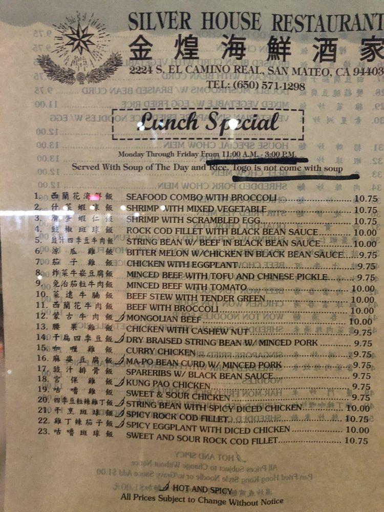 Menu at Silver House restaurant, San Mateo