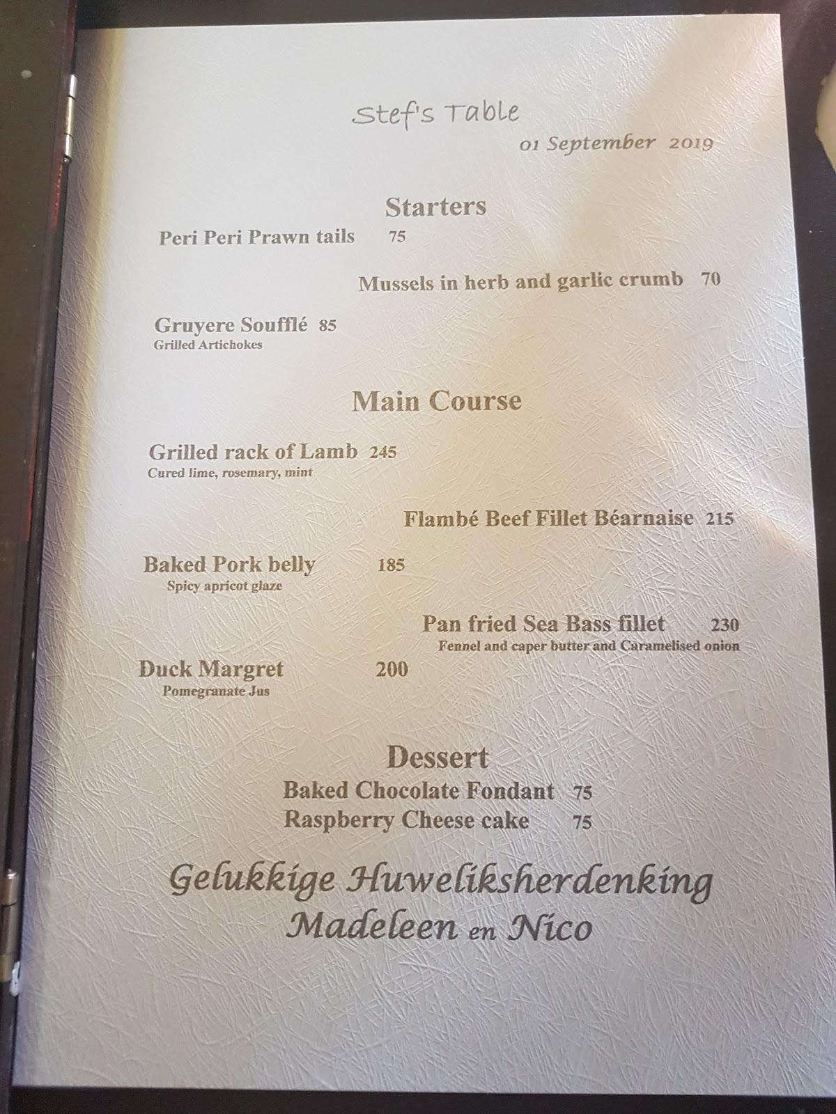 Menu at Stef's Table restaurant, Hartbeespoort