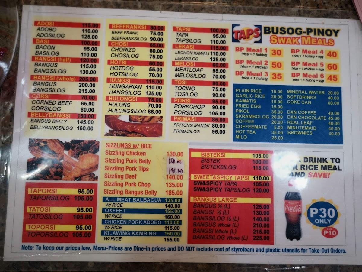 Carta del restaurante Taps - Duterte Branch, Dávao, 3J94+R2V