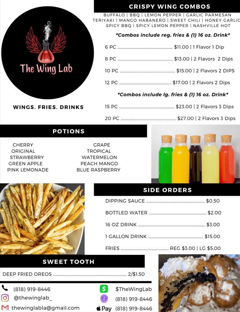 Menu at The Wing Lab, Los Angeles