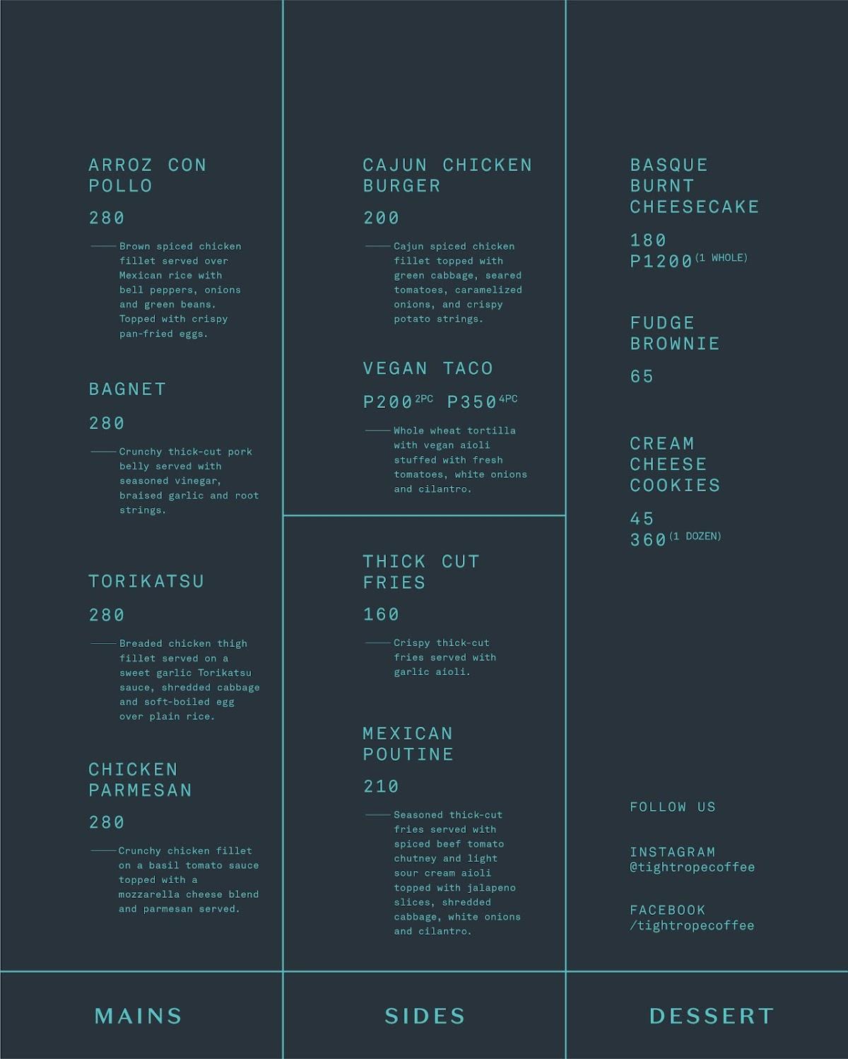 Menu at Tightrope Coffee cafe, Cebu City, M. L. Quezon Avenue