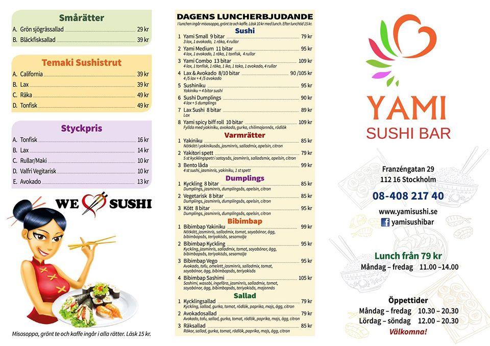 Menu at Yami Sushi Bar, Stockholm