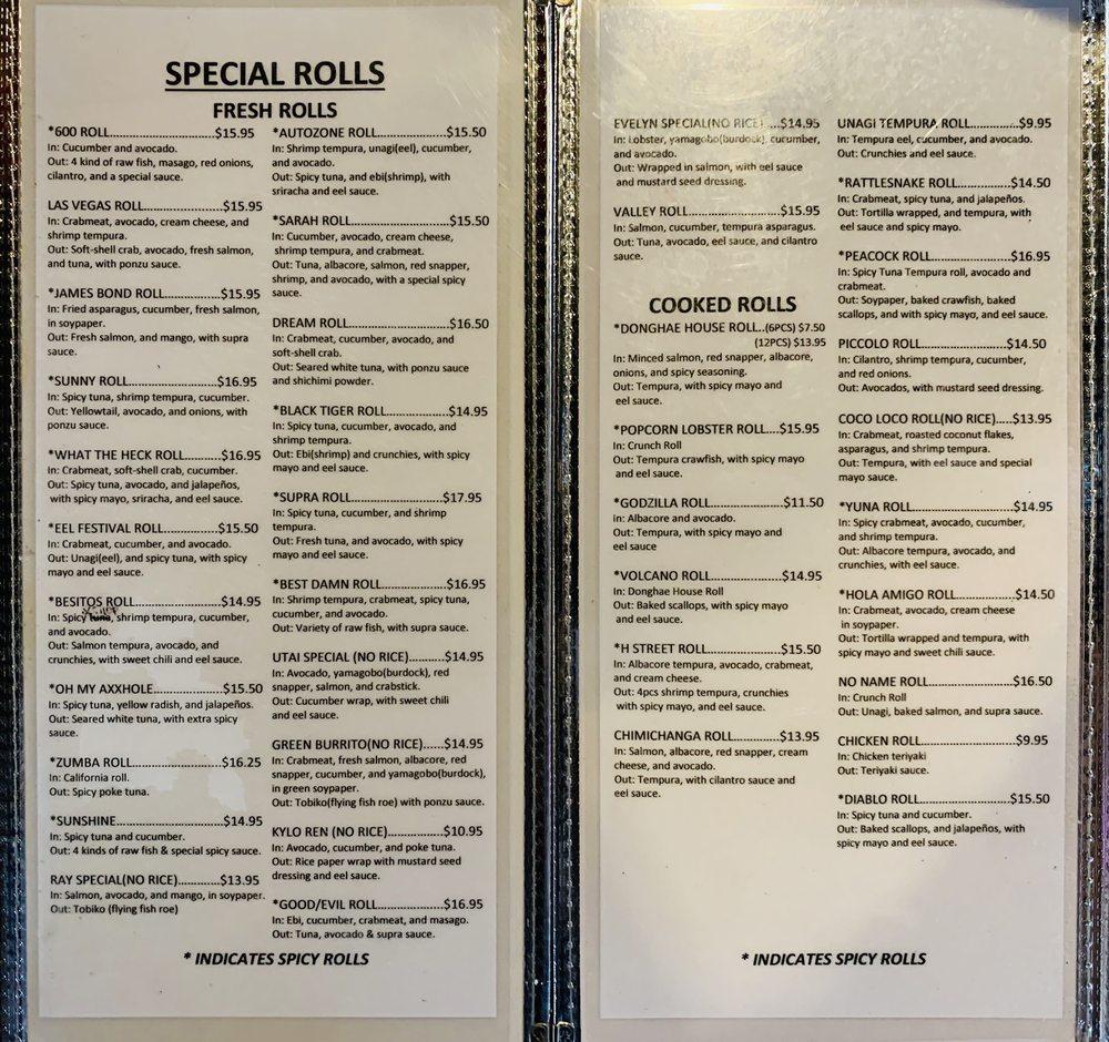 Menu at Dong Hae Sushi restaurant, Lompoc