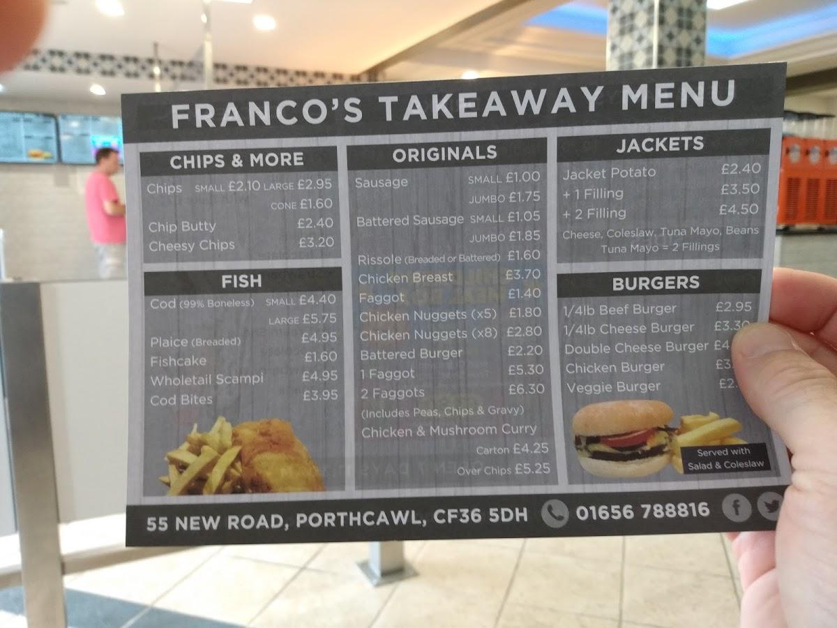 Menu at Franco's Fish Shop Limited restaurant, Porthcawl