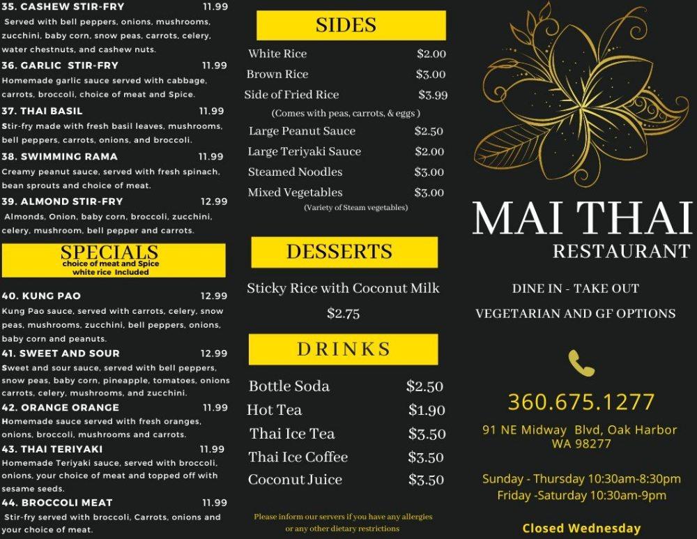 Carta de Mai Thai Restaurant, Oak Harbor