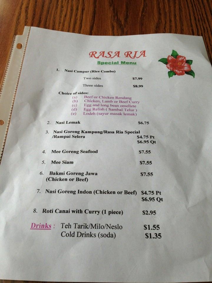 Menu at Rasa Ria restaurant, Kalamazoo
