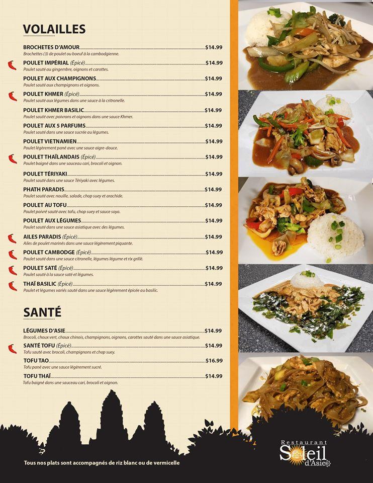 Menu au Restaurant Le Soleil D'Asie, Trois-Rivières, Bd des Forges