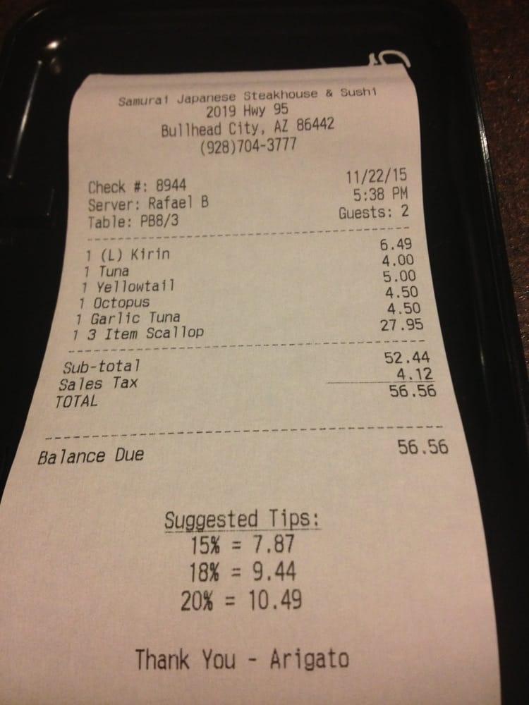 Menu at Samurai Japanese Steakhouse & Sushi, Bullhead City