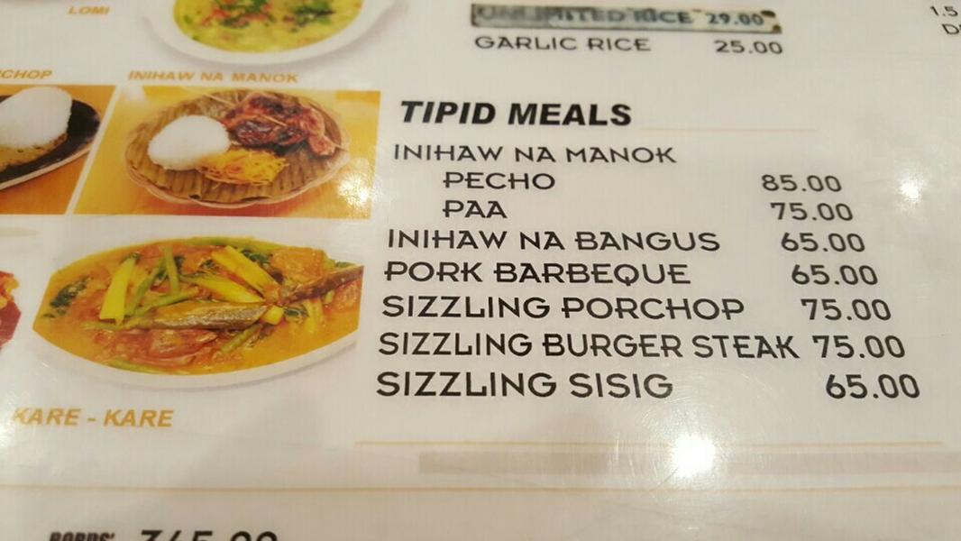 Menu at Bord's Sizzling at Inihaw restaurant, Cagayan de Oro