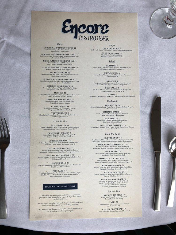 Menu at Encore Bistro and Bar, Dennis