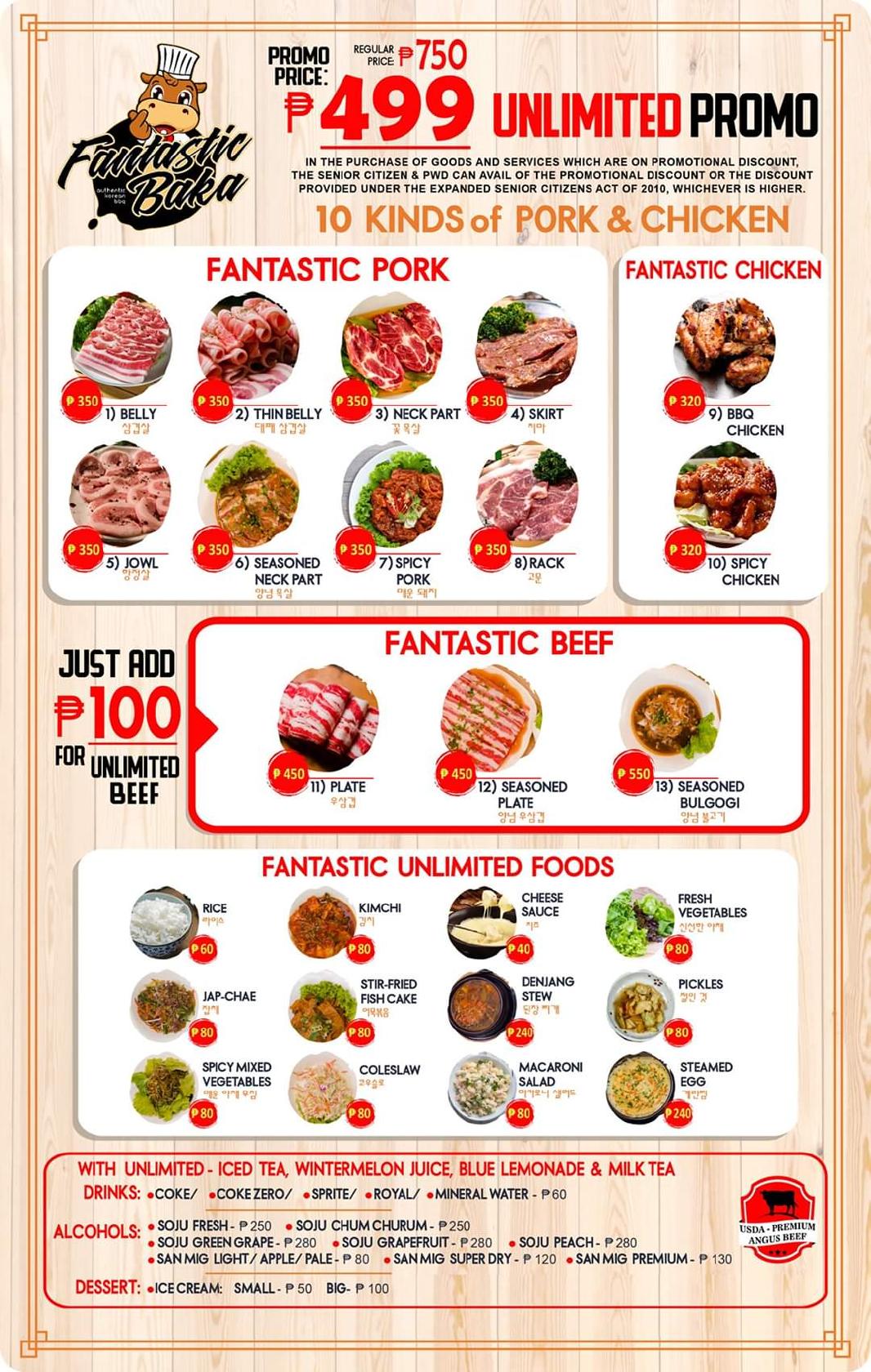 Carta del restaurante Fantastic Baka, Taguig