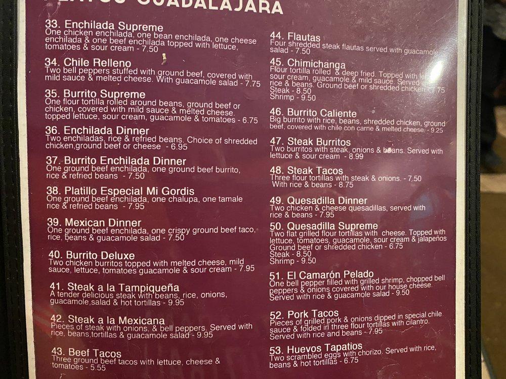 Menu at Guadalajara Jalisco restaurant, Pell City