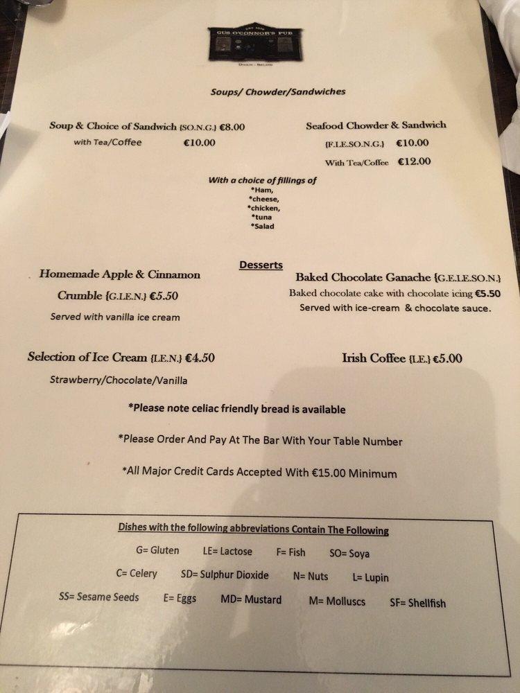 Menu at Gus O'Connor's Pub, Doolin