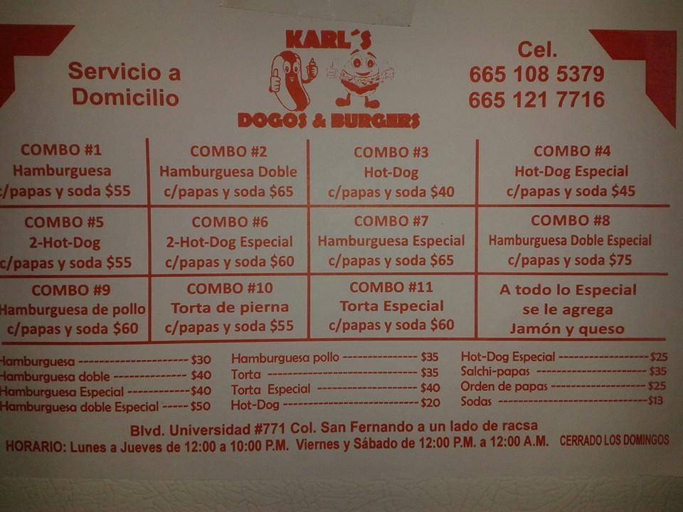 Menu at KARL'S DOGOS & BURGERS restaurant, Tecate