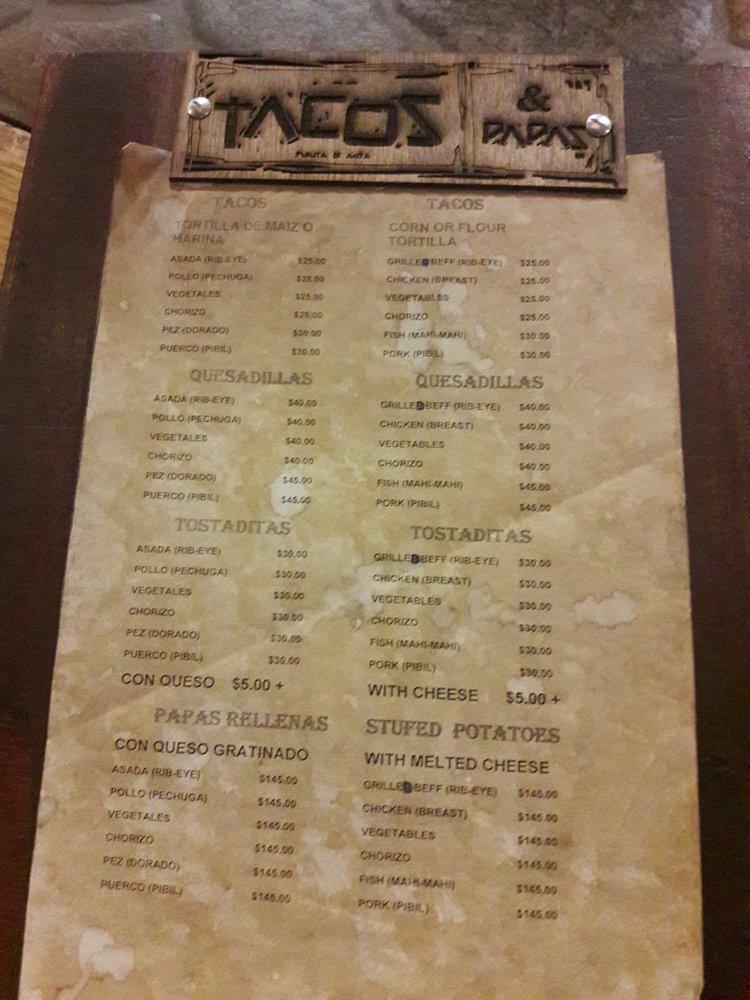 Menu at Tacos & papas restaurant, Punta de Mita