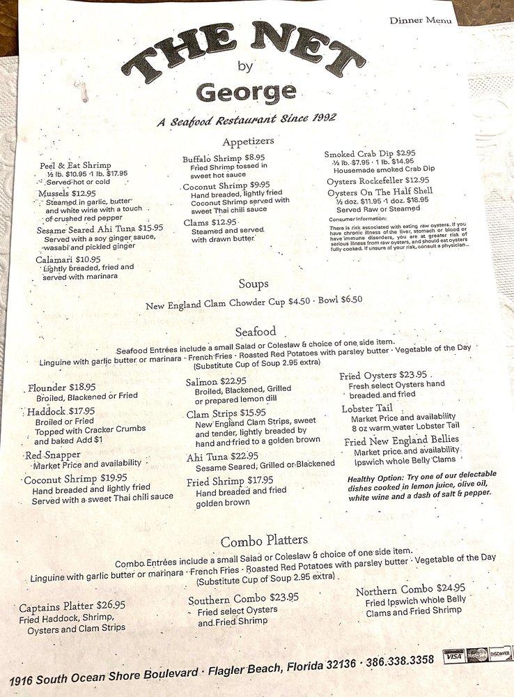 Menu at The Net by George restaurant, Flagler Beach